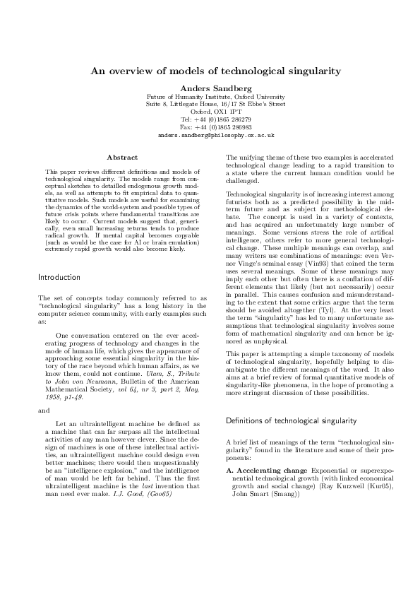 (PDF) An overview of models of technological singularity