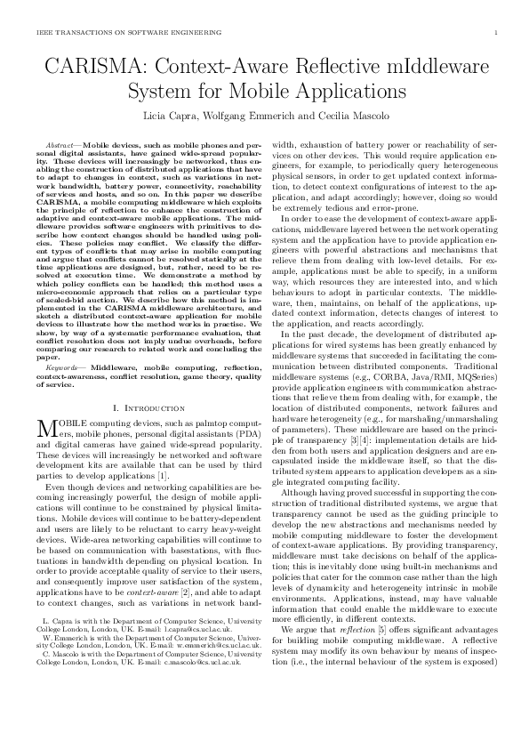 (PDF) Carisma: Context-aware reflective middleware system for mobile applications