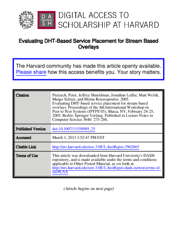 (PDF) Evaluating DHT-based service placement for stream-based overlays