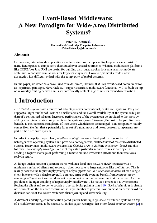 Pdf Event Based Middleware A New Paradigm For Wide Area Distributed Systems