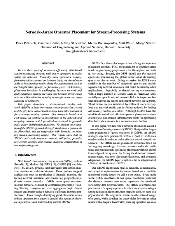 Pdf Network Aware Operator Placement For Stream Processing Systems 