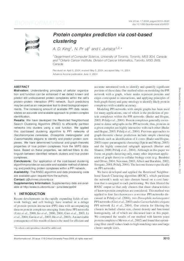 Pdf Protein Complex Prediction Via Cost Based Clustering