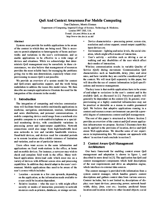 Pdf Qos And Context Awareness For Mobile Computing