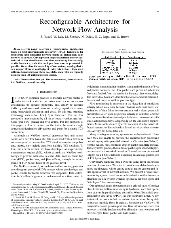 Pdf Reconfigurable Architecture For Network Flow Analysis