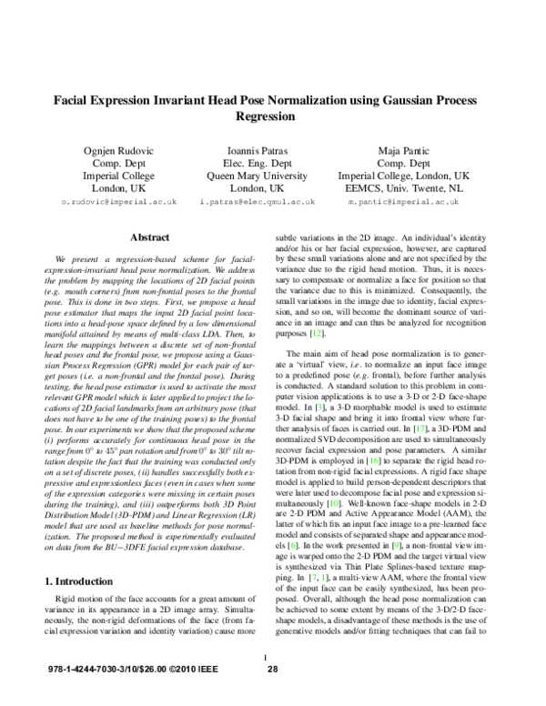 Pdf Facial Expression Invariant Head Pose Normalization Using Gaussian Process Regression