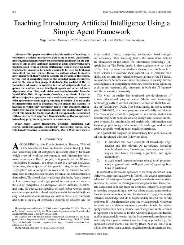 (PDF) Teaching introductory artificial intelligence using a simple agent framework
