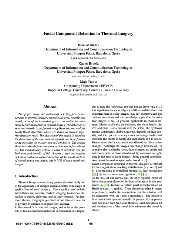 (PDF) Facial component detection in thermal imagery