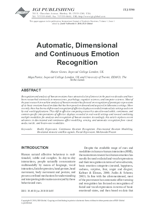 (PDF) Automatic, dimensional and continuous emotion recognition | Maja Pantic - Academia.edu