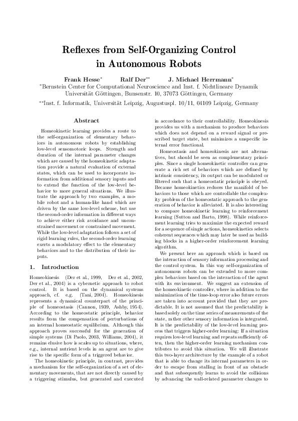 (PDF) Reflexes from self-organizing control in autonomous robots