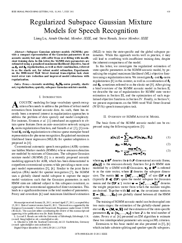 (PDF) Regularized subspace Gaussian mixture models for speech recognition