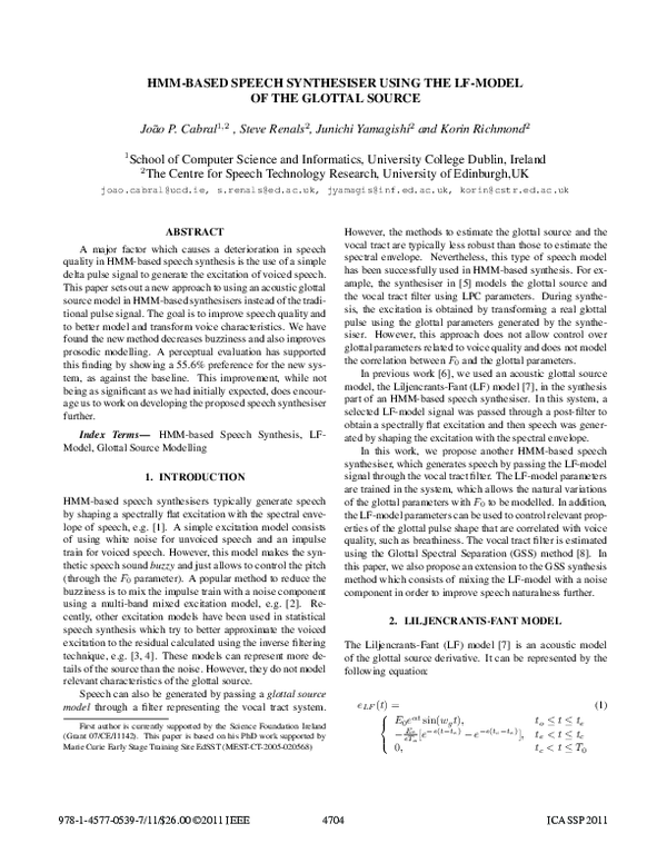 (PDF) HMM-based speech synthesiser using the LF-model of the glottal source