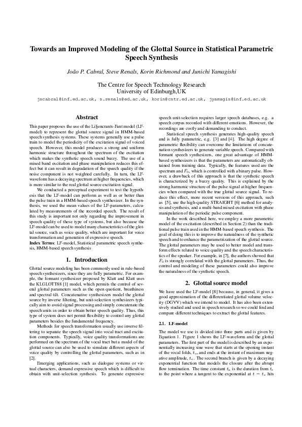 (PDF) Towards an improved modeling of the glottal source in statistical parametric speech synthesis