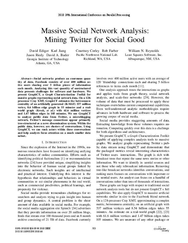 (PDF) Massive social network analysis: Mining twitter for social good