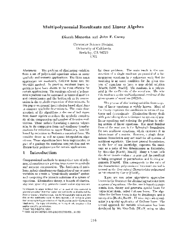 (PDF) Multipolynomial resultants and linear algebra