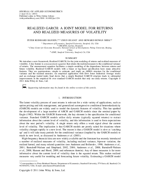 (PDF) Realized GARCH: a joint model for returns and realized measures ...