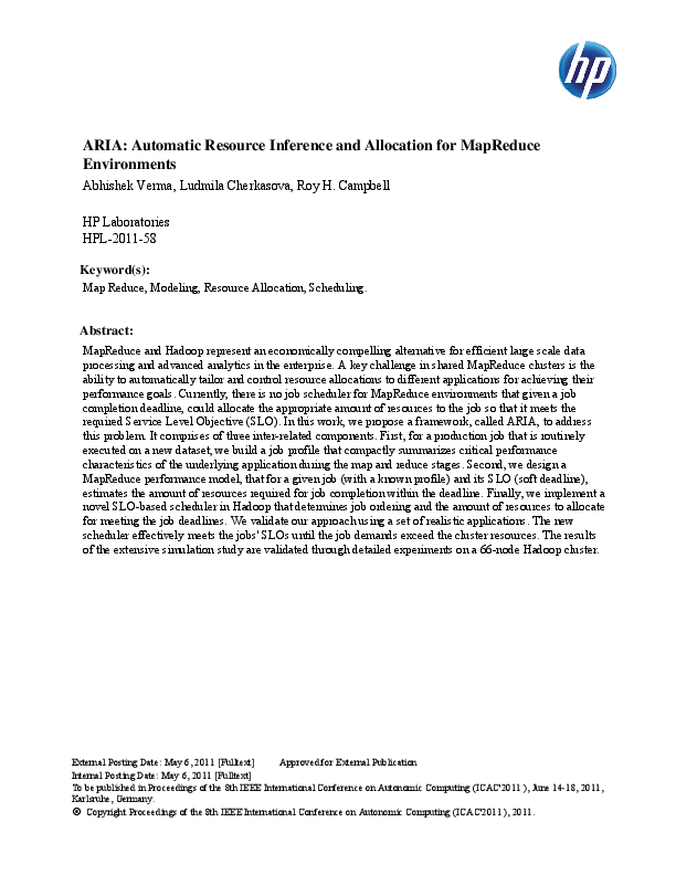 (PDF) ARIA: automatic resource inference and allocation for mapreduce environments
