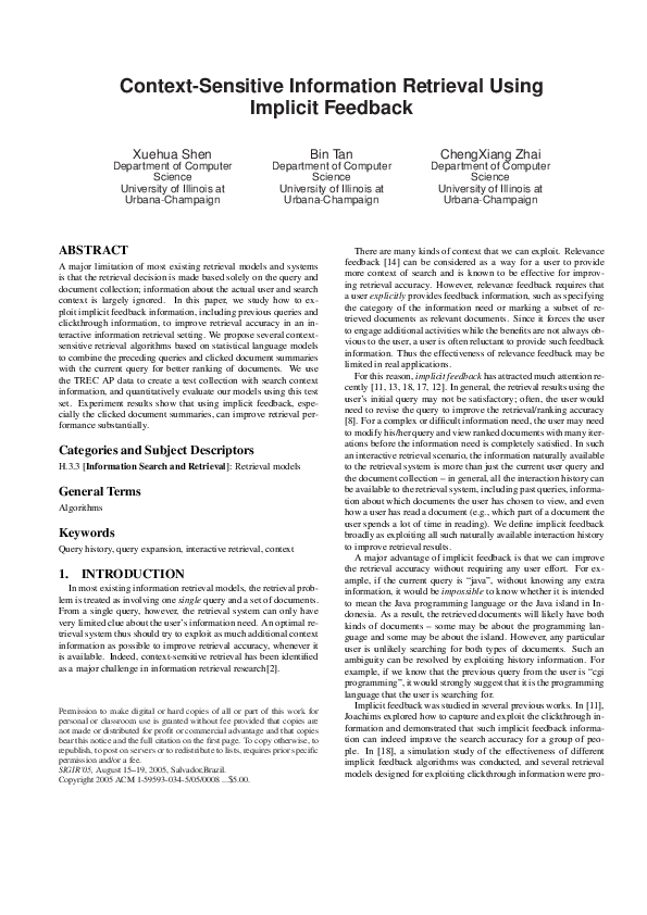 Pdf Context Sensitive Information Retrieval Using Implicit Feedback
