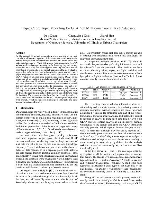 Pdf Topic Cube Topic Modeling For Olap On Multidimensional Text Databases
