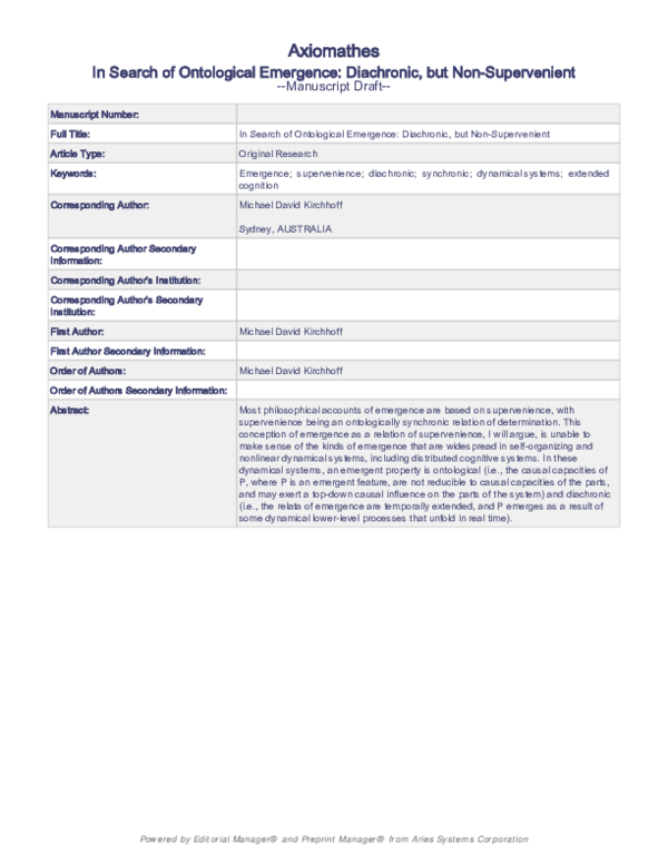 (PDF) In Search of Ontological Emergence: Diachronic, but Non-Supervenient