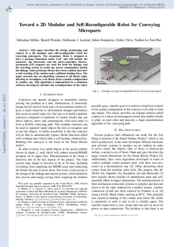 Pdf Toward A 2d Modular And Self Reconfigurable Robot For Conveying Microparts