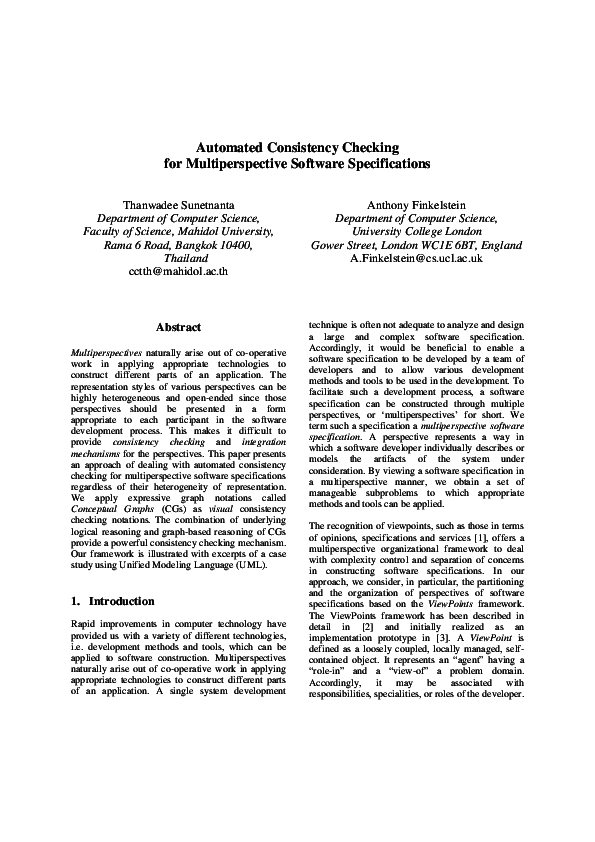 Pdf Automated Consistency Checking For Multiperspective Software Specifications