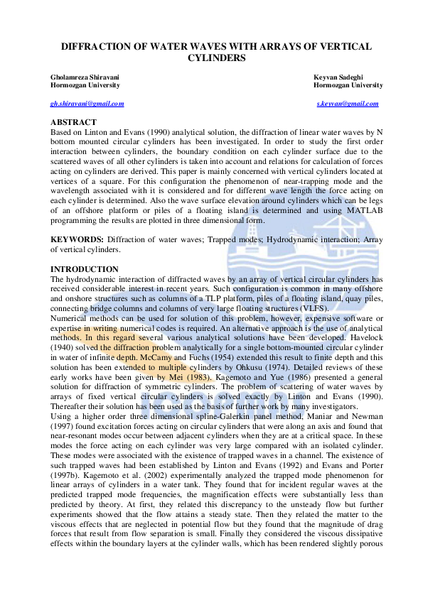 (PDF) Diffraction of Water Waves with Arrays of Vertical Cylinders