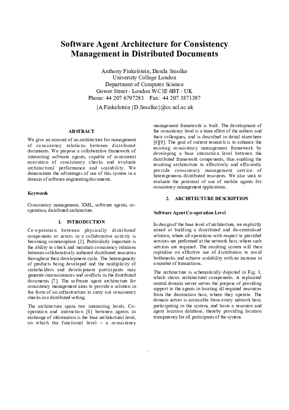(PDF) Software agent architecture for consistency management in distributed documents