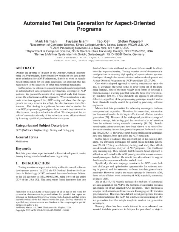 Pdf Automated Test Data Generation For Aspect Oriented Programs