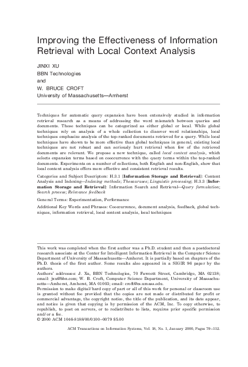 (PDF) Improving the effectiveness of information retrieval with local context analysis