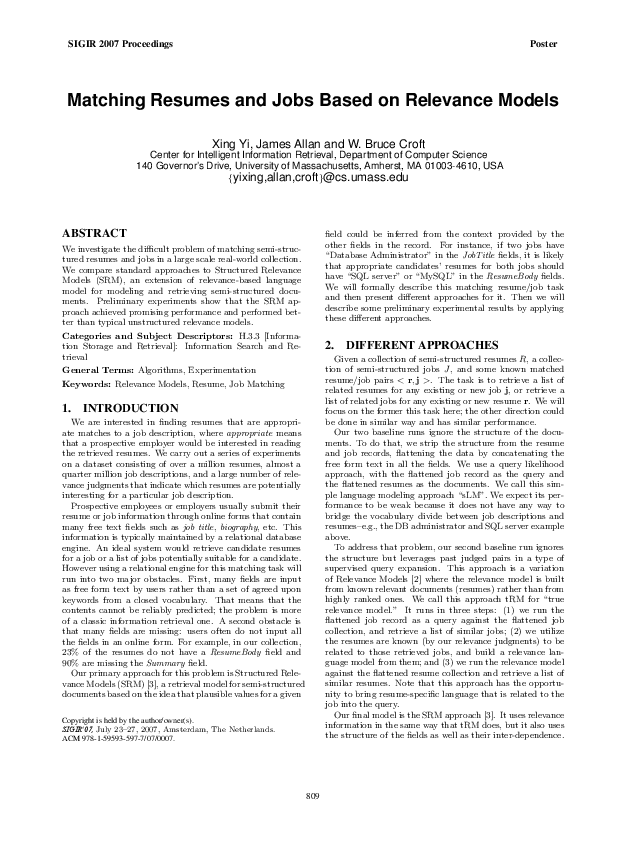 (PDF) Matching resumes and jobs based on relevance models