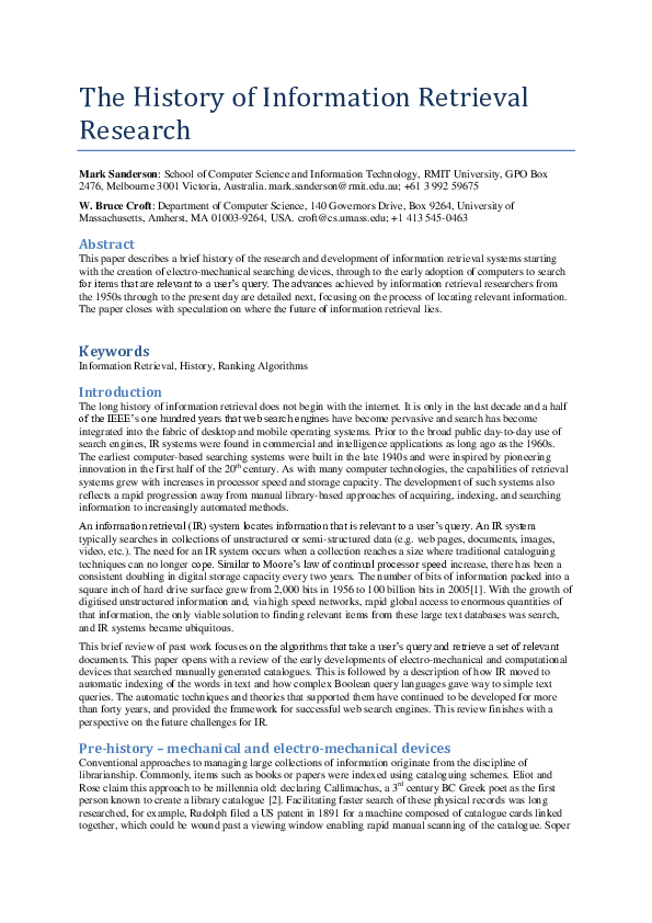 (PDF) The History of Information Retrieval Research