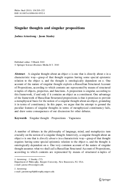(PDF) Singular thoughts and singular propositions