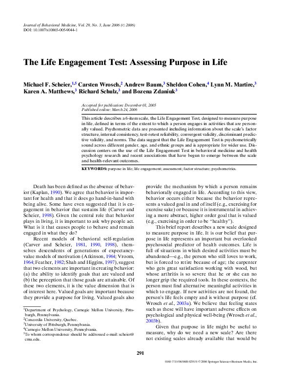 (PDF) The Life Engagement Test: assessing purpose in life