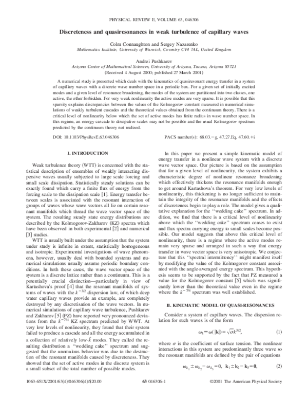 (PDF) Discreteness and quasiresonances in weak turbulence of capillary ...
