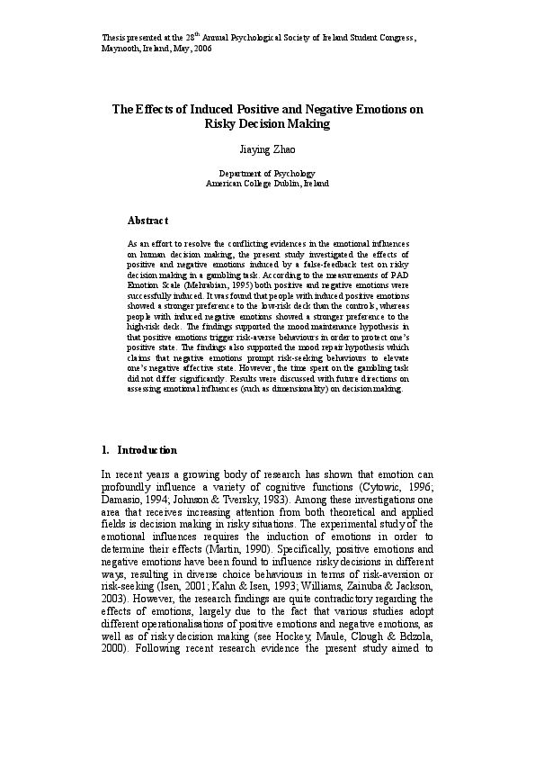 (PDF) The Effects of Induced Positive and Negative Emotions on Risky ...