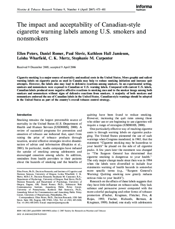 (PDF) The impact and acceptability of Canadian-style cigarette warning ...