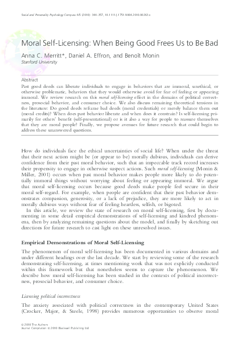 (PDF) Moral Self Licensing: When Being Good Frees Us to Be Bad