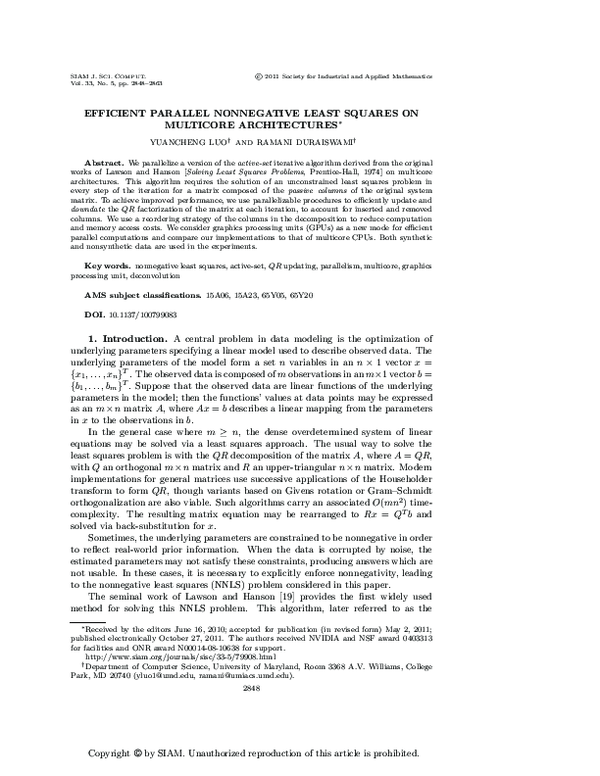 (PDF) Efficient parallel nonnegative least squares on multicore architectures