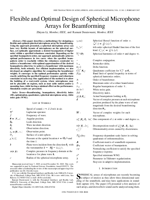 (PDF) Flexible and optimal design of spherical microphone arrays for beamforming