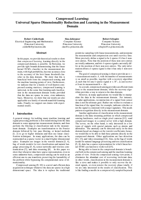 Pdf Compressed Learning Universal Sparse Dimensionality Reduction And Learning In The