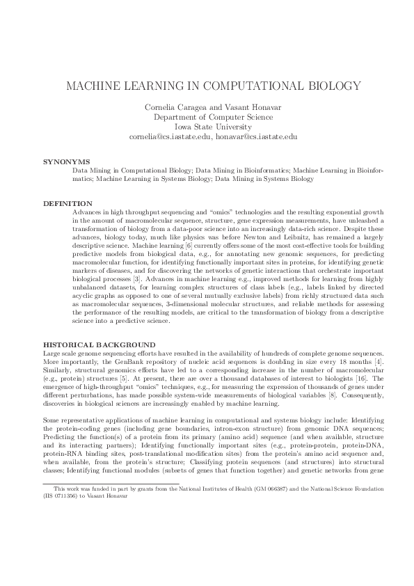 (PDF) Machine Learning in Computational Biology