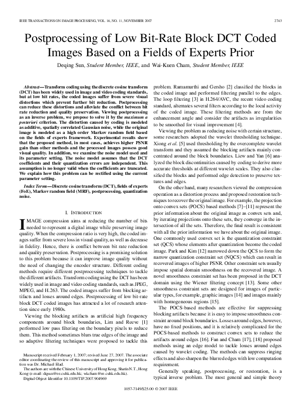 (PDF) Postprocessing of low bit-rate block DCT coded images based on a fields of experts prior
