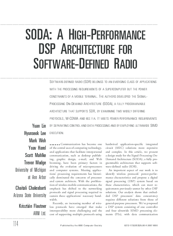 Pdf Soda A High Performance Dsp Architecture For Software Defined Radio Scott Mahlke 