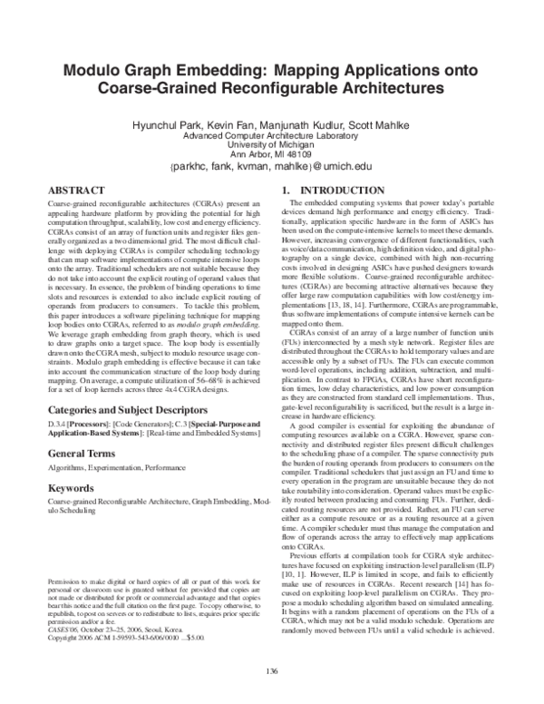 Modulo Graph Embedding Mapping Applications Onto Coarse Grained Reconfigurable Architectures