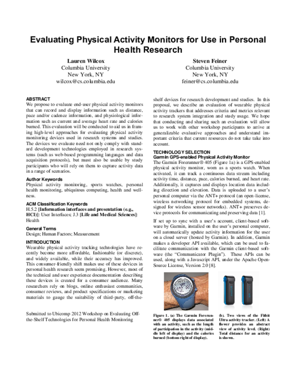 (PDF) Evaluating Physical Activity Monitors for Use in Personal Health ...