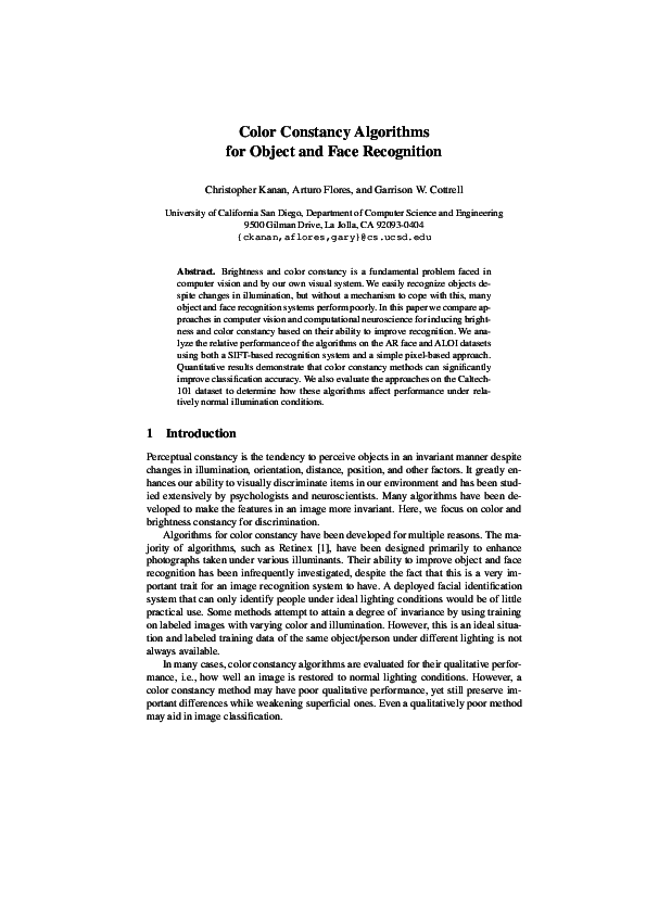 (PDF) Color constancy algorithms for object and face recognition