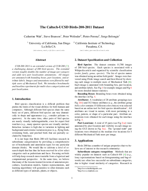 (PDF) The Caltech-UCSD Birds-200-2011 Dataset