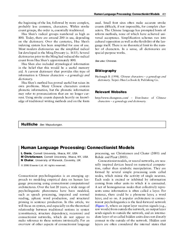(PDF) Human language processing: Connectionist models