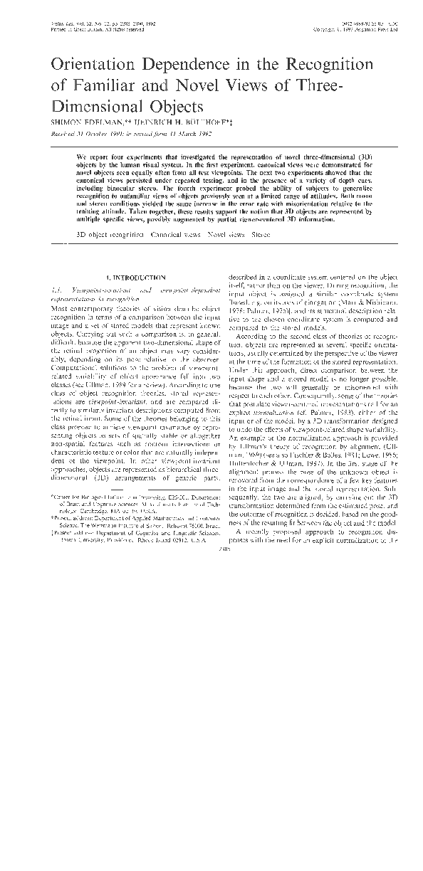 (PDF) Orientation dependence in the recognition of familiar and novel views of three-dimensional ...