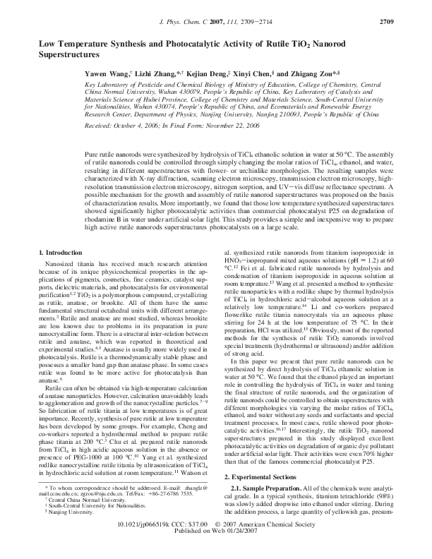 Pdf Low Temperature Synthesis And Photocatalytic Activity Of Rutile Tio2 Nanorod Superstructures